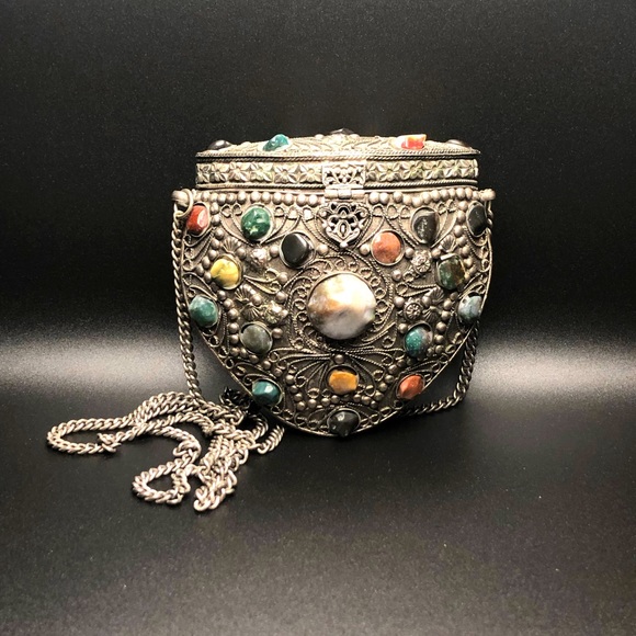 Bags | Vintage Sajai Metal Crossbody Purse With Chain Embellished Agate ...